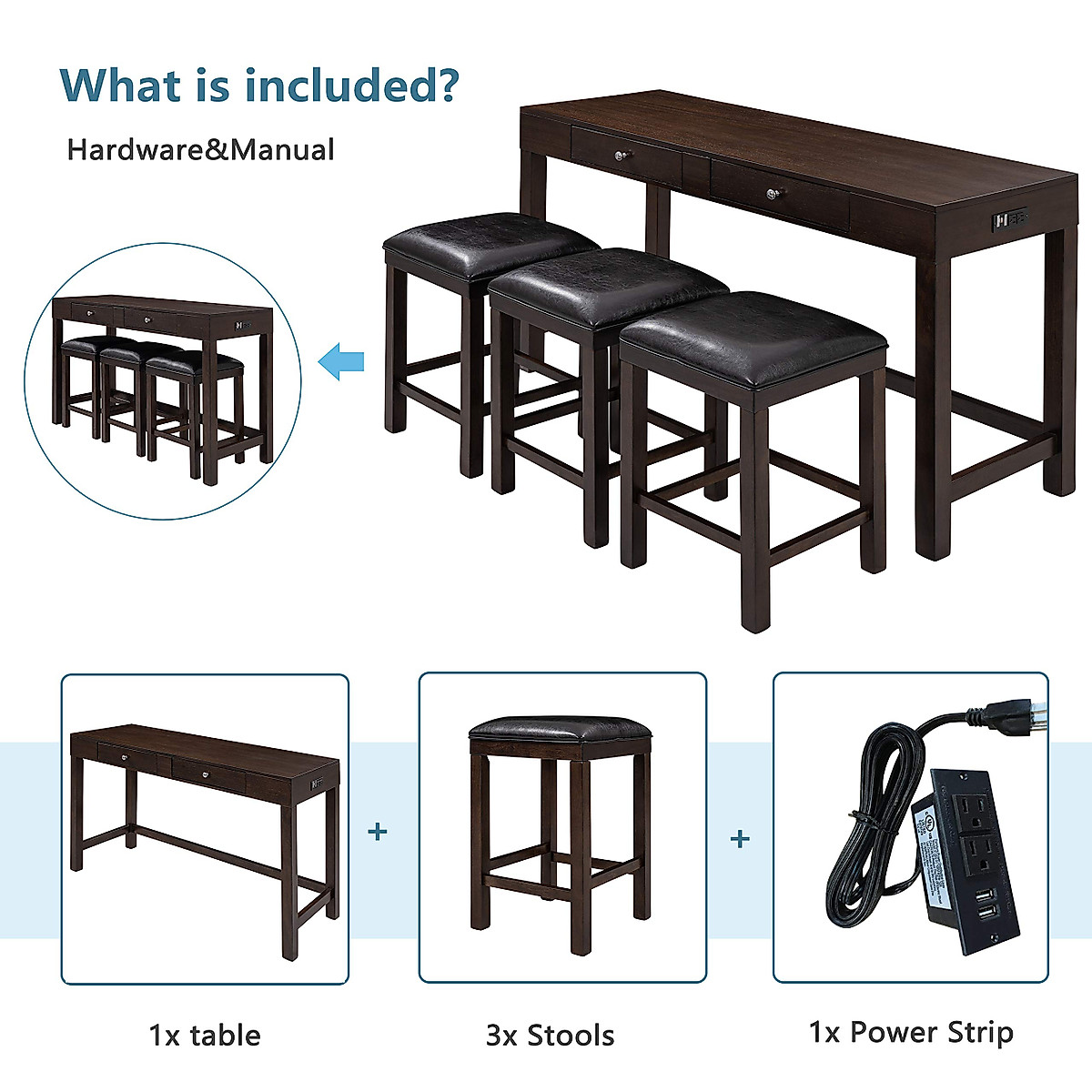 Merax 4-Piece Counter Height Bar Table Set with Socket and 2 Drawers, Mulitpurpose Rustic Bar Dining Table Set with 3 PU Leather Padded Stools, Espresso