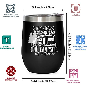 Joyloce Camper Wine Tumbler Coffee Mug, Camping Gifts Cup Stemless Tumblers with Lid Stainless Steel Insulated Vacuum 12 Oz, Gifts for Camping Lover RV Gifts, Making Memories One Campsite At A Time
