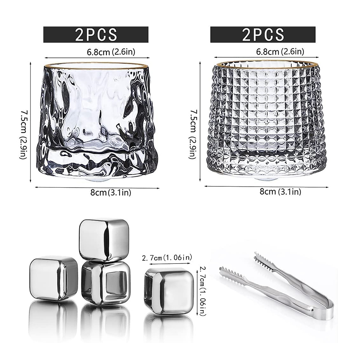 LEMOYEE Whiskey Glasses- Rotatable Set with Golden Rim For Perfect Idea for Scotch Lovers,Style Glassware for Bourbon,Clear Set of 4