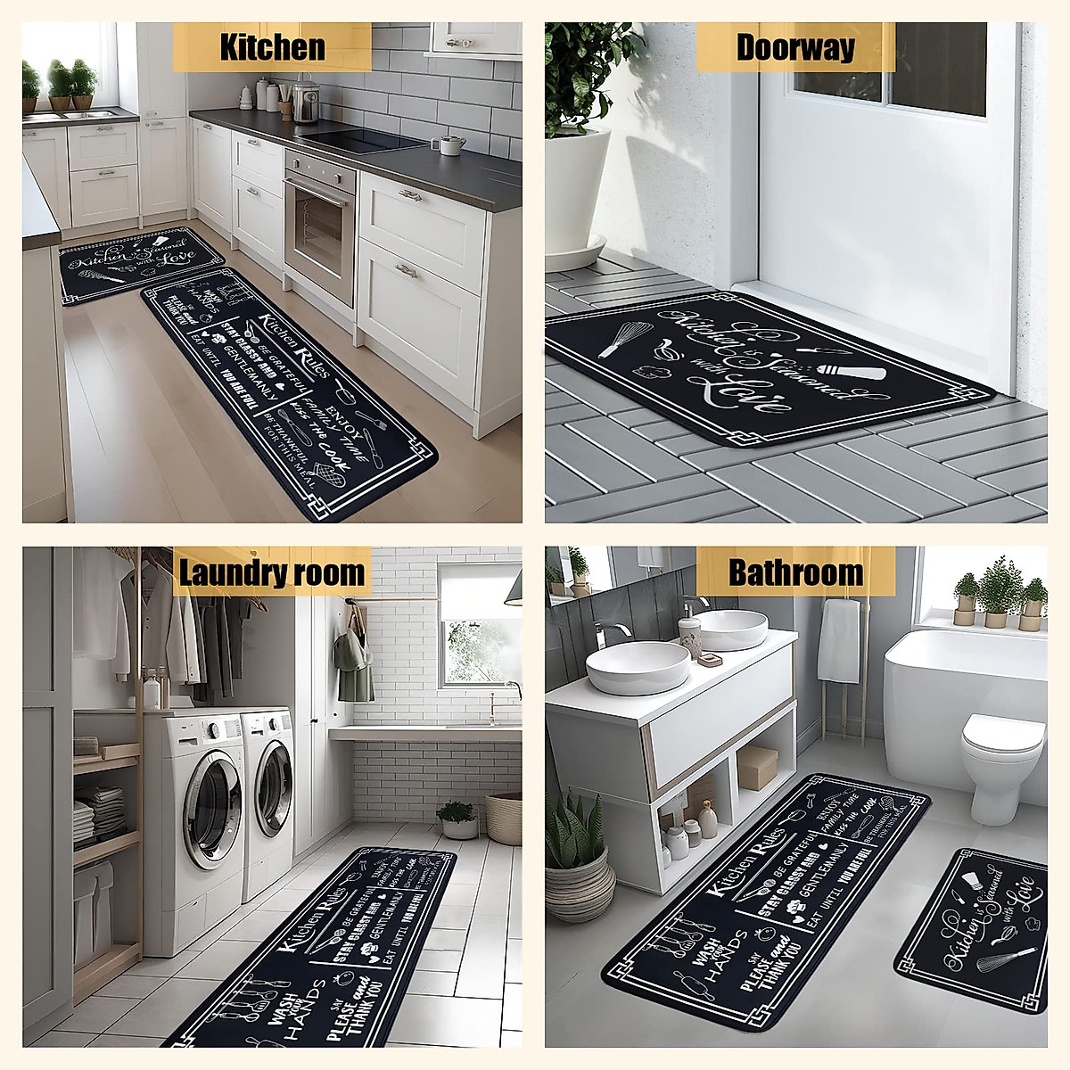 Voanos Black and White Kitchen Rugs,Non Skid Washable Microfiber mats for Kitchen Floor, Kitchen Rules Theme Kitchen Cushioned Runner Rug Decor Sets of 2,Size 17"x 47"+17"x 30"