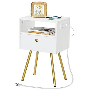 HOOBRO Nightstand with Charging Station, End Table with USB Ports and Outlet, Side Table for Tight Spaces, Solid and Stable, for Office, Bedroom, Study, White and Gold DW88UBZP201