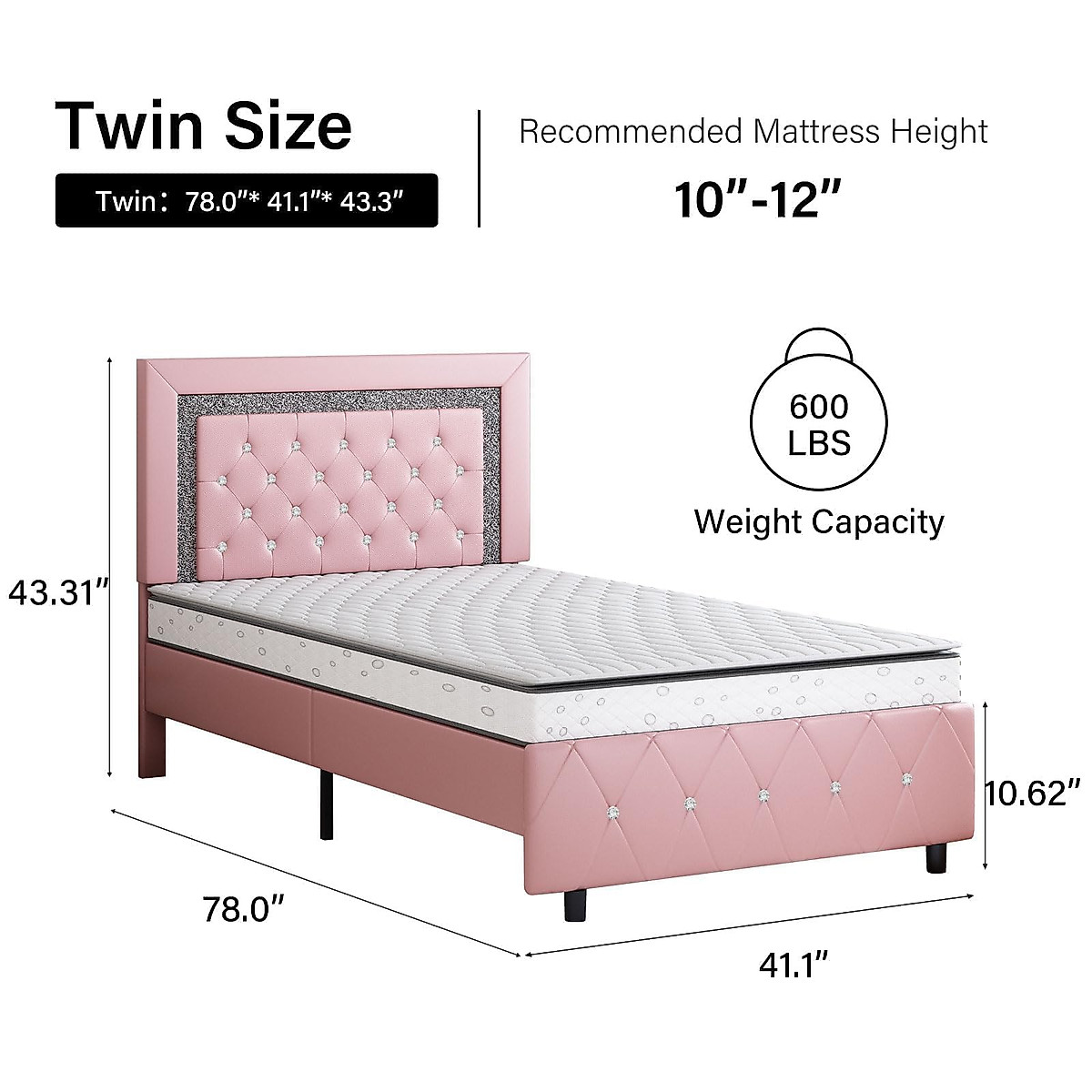 Twin Bed Frame, Upholstered Platform Bed with Diamond Button Tufted Headboard, Girls Twin Bed Fame, Princess Bed Frame with Crystal Tufted Headboard, Wooden Slats Support, Easy Assembly, Pink