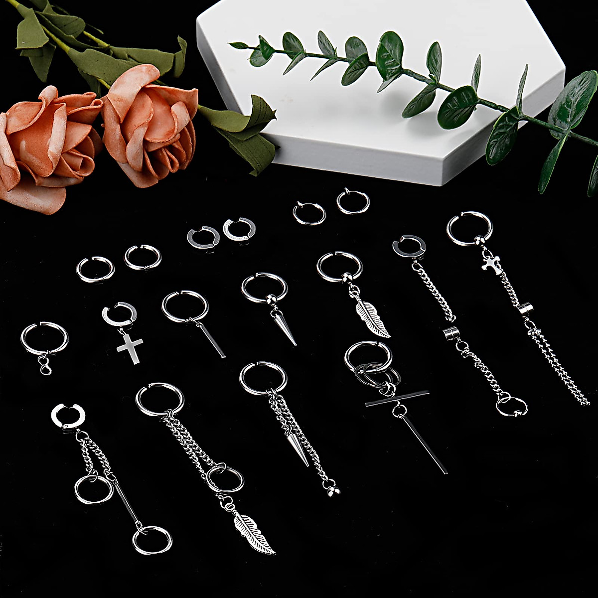 ONESING 20 Pcs Clip On Earrings for Men Magnetic Earrings Dangle Earring Hoop Sterling Earrings Men Stainless Steel Non Pierced Magnetic Earring Fake Earrings Piercings Silver