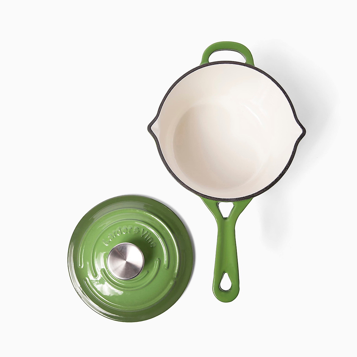 Larder & Vine 2.2 Quart Enameled Cast Iron Saucepan with Lid, Cast Iron Pan with Pour Spouts, Ergonomic Handle, Helper Handle, Stainless Steel Knob, Self-Basting Lid with Drip Bumps (Okra)