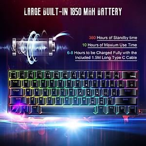 60% Wireless Wired Gaming Keyboard - 60 Percent Compact 61 Key Mini Mechanical Keyboard with RGB Backlit, Include 2.4Ghz USB Receiver and USB C Cable,Blue Switch for Desktop, Computer and PC