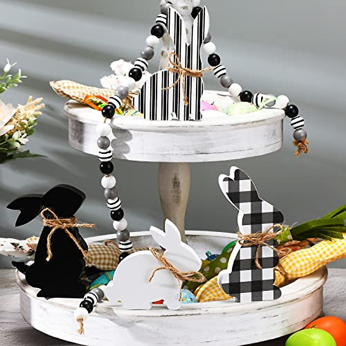 4 Pcs Easter Bunny Table Wooden Signs Bunny Shaped Farmhouse Decor Spring Bunny Wood Tabletop Easter Decorations Easter Bunny Dining Room Table Decor Sign Bunny Decor with Rope (Plain Black White)