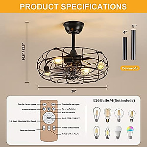 Caged Ceiling Fan with Light Modern Industrial Ceiling Fans with Lights Remote Control Farmhouse Ceiling Fan Light Gazebo Fan light for Patio Kitchen Living room Entrance Indoor Outdoor Black