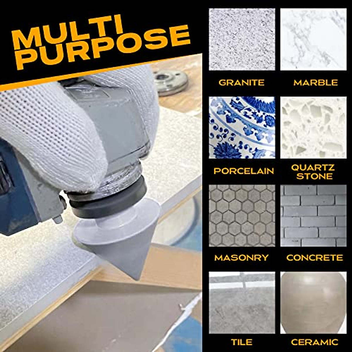 Diamond Beveling Chamfer Countersink Hole Drill Bits 5/8"-11 Threads (50mm/2" Dia) with Hook and Loop Sandpaper for Porcelain Tiles Granite Marble Ceramic Glass Wood Tools