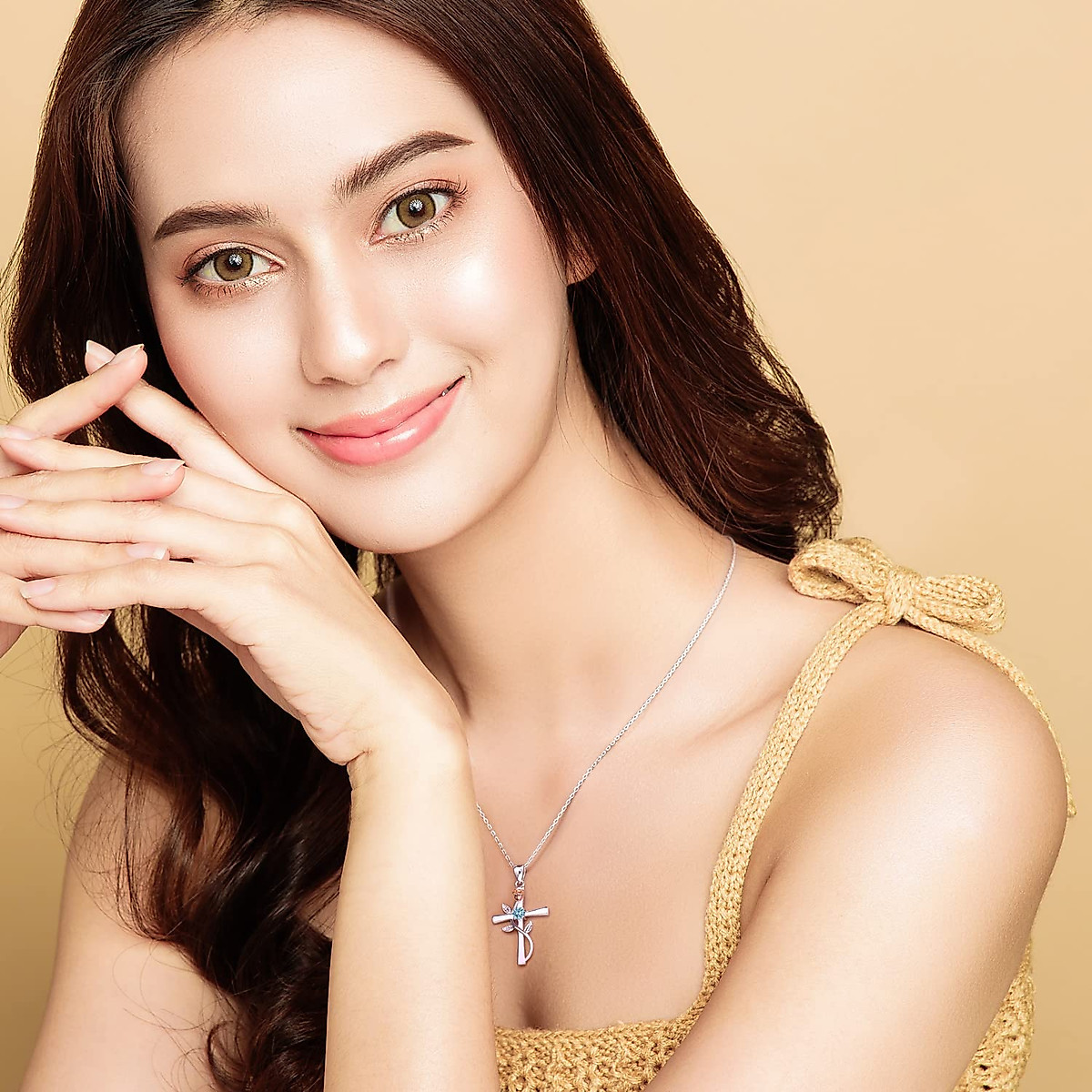 AM ANNIS MUNN Cross Necklace for Women, 925 Sterling Silver Birthstone Necklace for Women Rose Flower Birthstone Womens Jewelry Birthday Gifts for Women