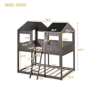 MERITLINE House Bunk Beds Full Over Full Size Wood Low Bunk Beds with Roof and Guard Rail for Kids, Teens, Girls, Boys, No Box Spring Needed (Antique Gray)