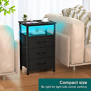 Kinembold Nightstand with Charging Station, Bedside Table LED Night Stand with USB Ports and Outlets, End Table with 3 Fabric Drawers and Storage Shelf, Night Stands for Bedroom (Black)