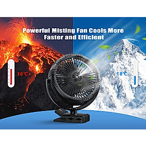 10000mAh Clip on Fan with Misting, Battery Operated Fan with Strong Clamp & Hook, 3 Timer and 2 Spray Way Rechargeable Outdoor Fan, Mister Fan Cooling for Travel Golf Cart Truck Boat Canopy Patio