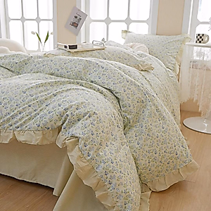 MKXI Princess Floral Comforter Set Ruffled Comforter Wildflowers Patern Full Size Cute Artistic Bedding Set Light Green Bed Comforter for Girls Blue Flowers Bedding Comforter Duvet Set