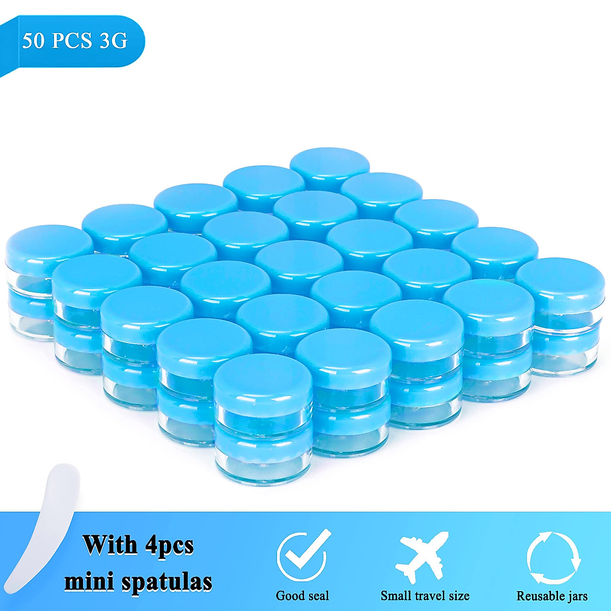 50PCS 3 Gram Sample Containers, 3ml Empty Jars with Lids, Small Cosmetic Containers, Mini Sample Jars with 4PCS Mini Spatulas for Make Up, Oils, Lotion, Powder, Paint, Jewelry, Lip Balms(Blue Lid)