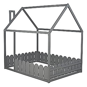 Merax Kids Bed House Shaped, Low Beds for Toddlers, Wood Platform Bed Frame for Children, Box Spring Needed,Easy Assemble (Full,Gray