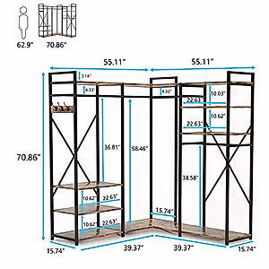 PAKASEPT L Shaped Garment Rack, L Shaped Closet Organizer, Freestanding Corner Clothes Garment Rack with 4 Hanging Rods and Open Shelves Heavy Duty Metal Clothing Rack for Bedroom