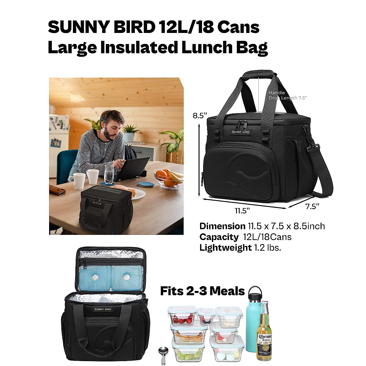 SUNNY BIRD 12L Large Insulated Lunch Bag, Leakproof and Foldable Lunch Cooler Box for Women Adult and Men, Fits 18 Cans (Black 01)