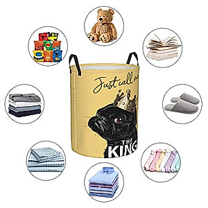 Delerain Black Pug Laundry Basket, Waterproof Laundry Hamper with Handles, Collapsible Toy Bins Dirty Clothes Round Storage Basket for Home Bathroom Office Nursery, 19.6X15.7(M)