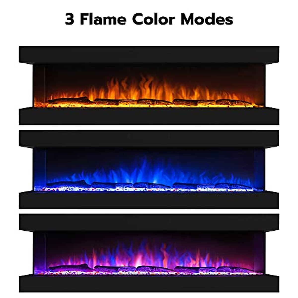 Valuxhome 3-Sided Electric Fireplace, 76 Inch Recessed and Wall Mounted Fireplaces, Built-in Fireplace Decorations for Living Room with Overheating Protection, Remote, Log & Crystals, Black