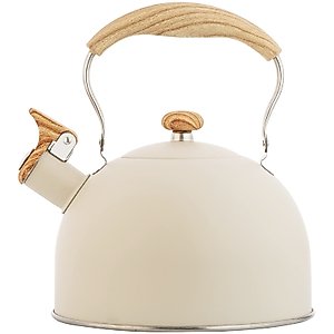 2.6 Quart/2.5 L Whistling Tea Kettles with Wood Grain adjustment Nylon Handle, Capsule Base Tea Kettle, White (White)