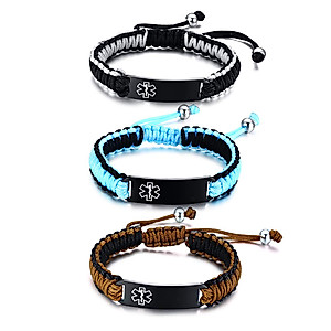 VNOX 3 Color/Set-Customize Medical Alert ID Bracelet Braided Brown Rope Paracord Adjustable Wristband
