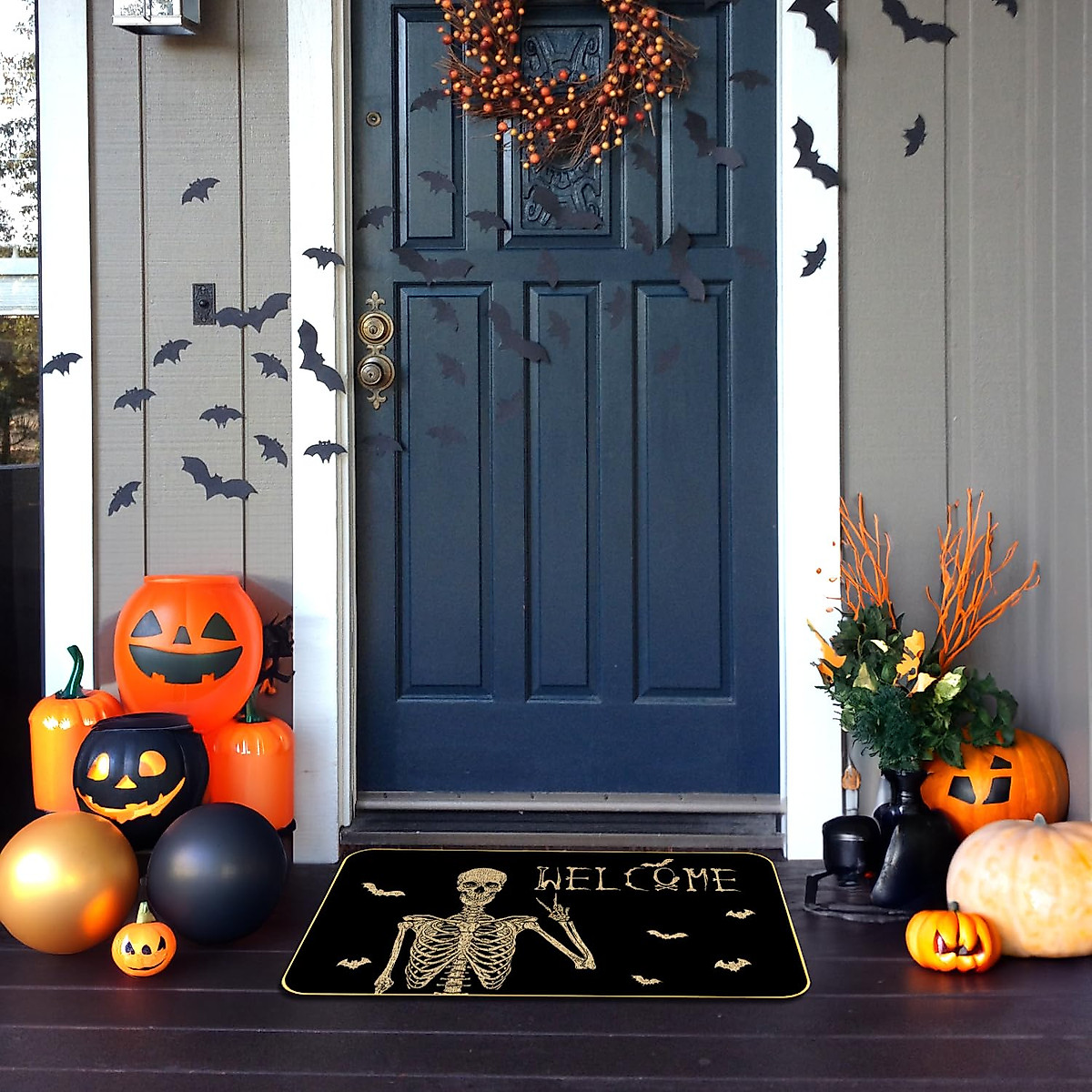 ARTUFAN Halloween Skull Doormat - Funny and Spooky Welcome Mat, Low-Profile Non-Slip Entr Door mat Living Room Kitchen Floor Mat Home Halloween Indoor Outdoor Decoration - 17" x 29"