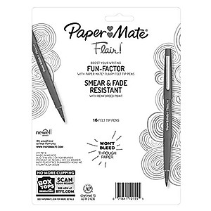 Paper Mate Flair Felt Tip Pens, Medium Point (0.7mm), Assorted Colors, 16 Count