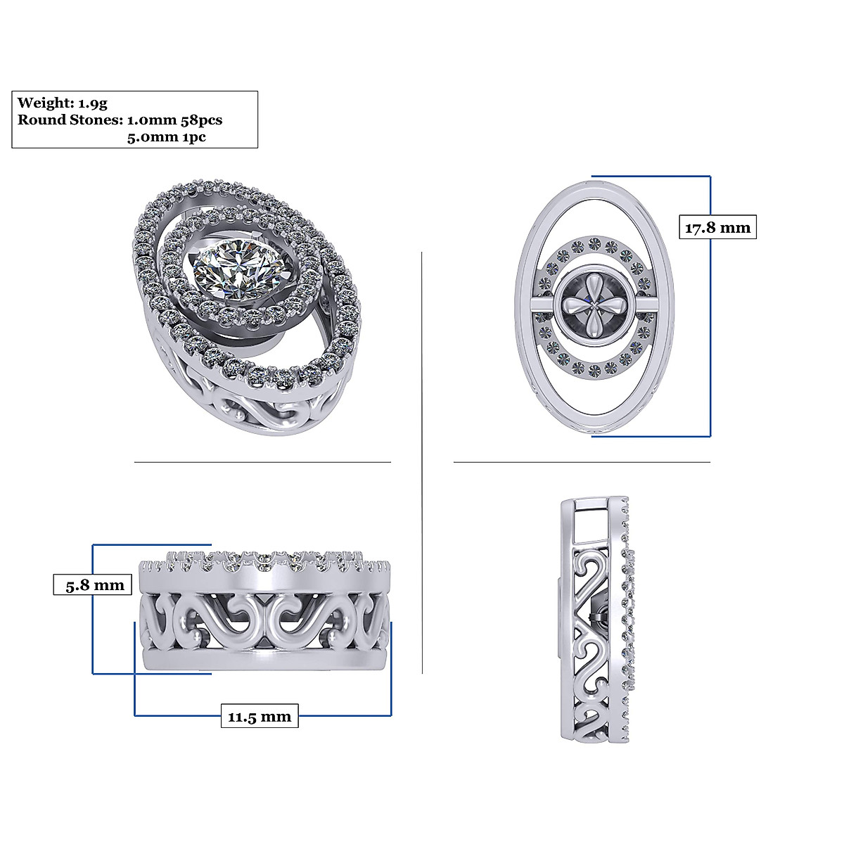 Central Diamond Center Double Oval Dancing Gemstone Necklace, 925 Sterling Silver & Pure Brilliance Zirconia - Platinum Plated