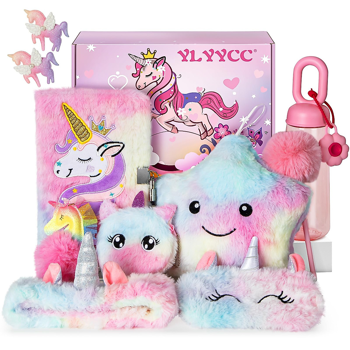 YLYYCC Unicorns Gifts Set for Girls Kids Age 6 7 8 9 10 Years Old, Unicorn Toys with Plush Star Light Up Pillow- Diary- Headband- Sleep Mask- KeyChain-Water Bottle, Teens Birthday Christmas Gift Ideas