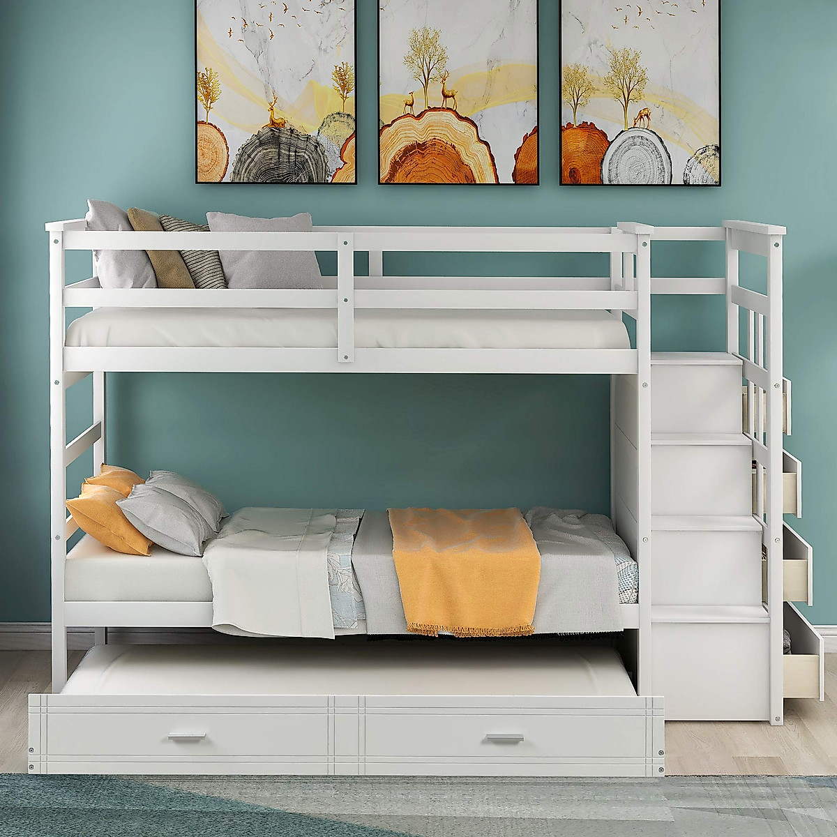 MERITLINE Twin Over Twin Bunk Beds with Stairs and Trundle, Solid Wooden Bunk Bed with Storage, Twin Size Bunk Bed with 4 Drawers and Guardrails. No Box Spring Needed (White)