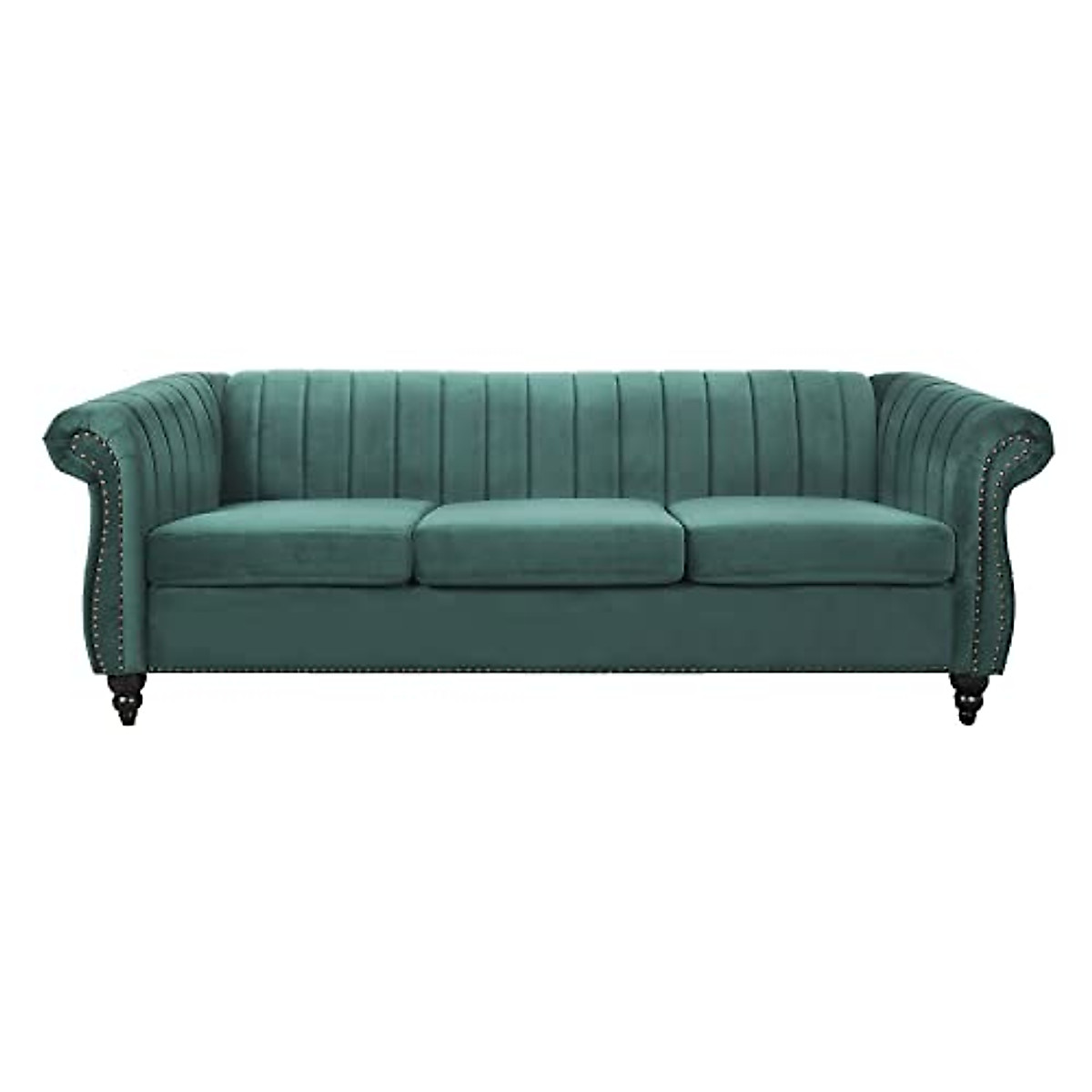 MIYZEAL Modern 3 Seater Tufted Couch, Velvet Chersterfield Sofa with Channel Back, Roll Arm Classic Settee Upholstered Couch for Living Room Office (Green)