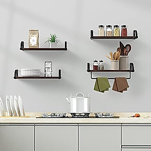 HOORMEEY Floating Shelves Set of 4, Rustic Wood Wall Shelves for Bedroom, Wall Mounted Bathroom Shelves with Towel Bar, Hanging Shelf for Living Room Kitchen Storage, Wall Decor