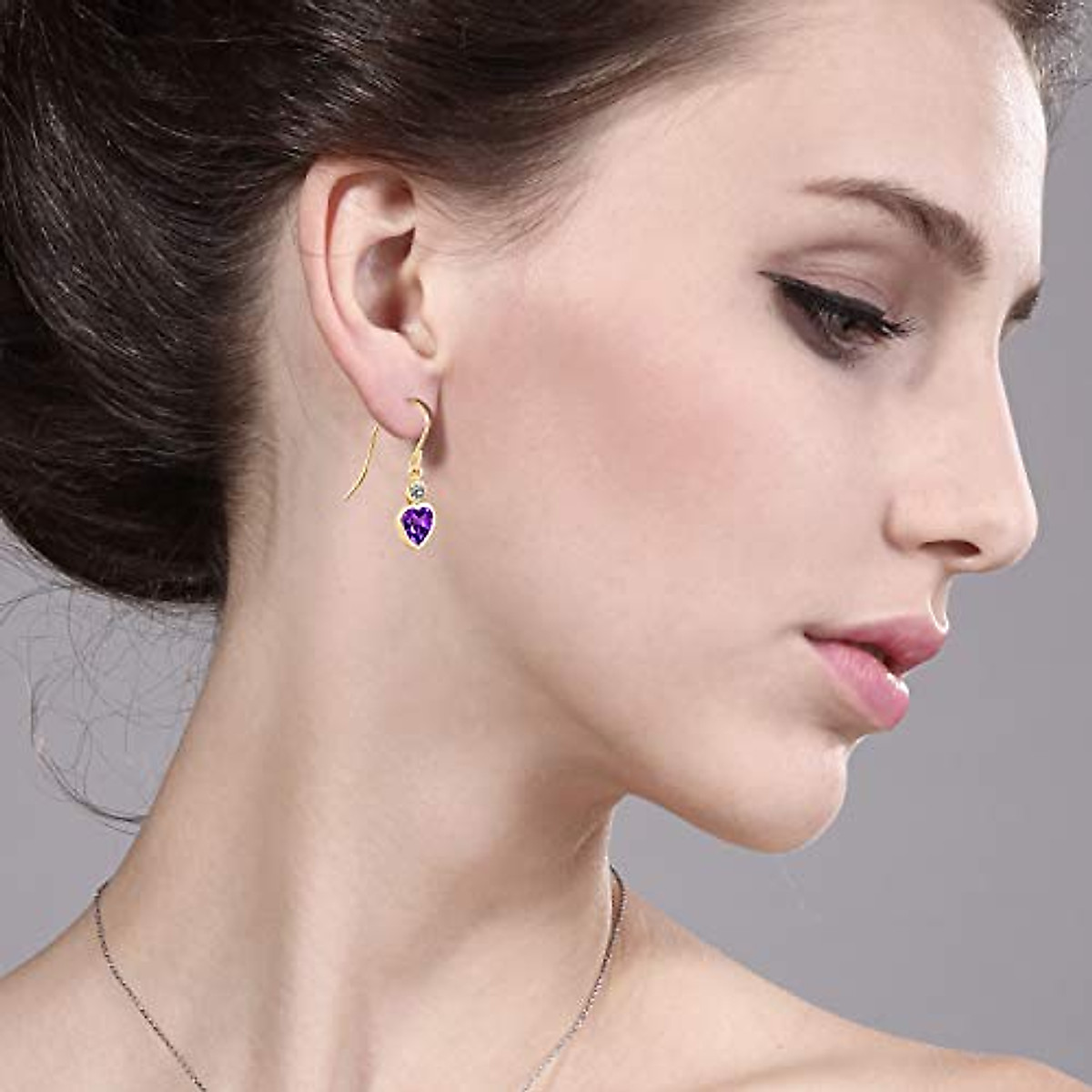Gem Stone King 14K Yellow Gold Purple Amethyst and White Diamond French Wire Dangle Hook Earrings For Women (3.66 Cttw, Gemstone February Birthstone, Heart 6MM, Round 3MM)