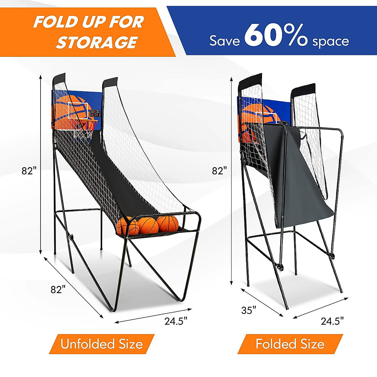 Goplus Foldable Indoor Basketball Arcade Game, Electronic Basketball Single Shootout Games Machine with 3 Balls, LED Scoreboard and Inflation Pump for Kids Youth Teens Adults