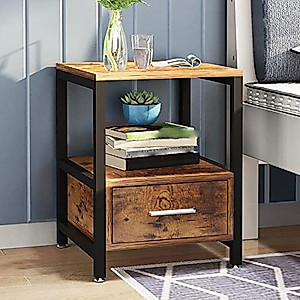 sgzyl 2 Tier Bedside Table with Drawers Side Table Antique Bedside Table with Metal Frame Wood Grain Living Room (Color : E)