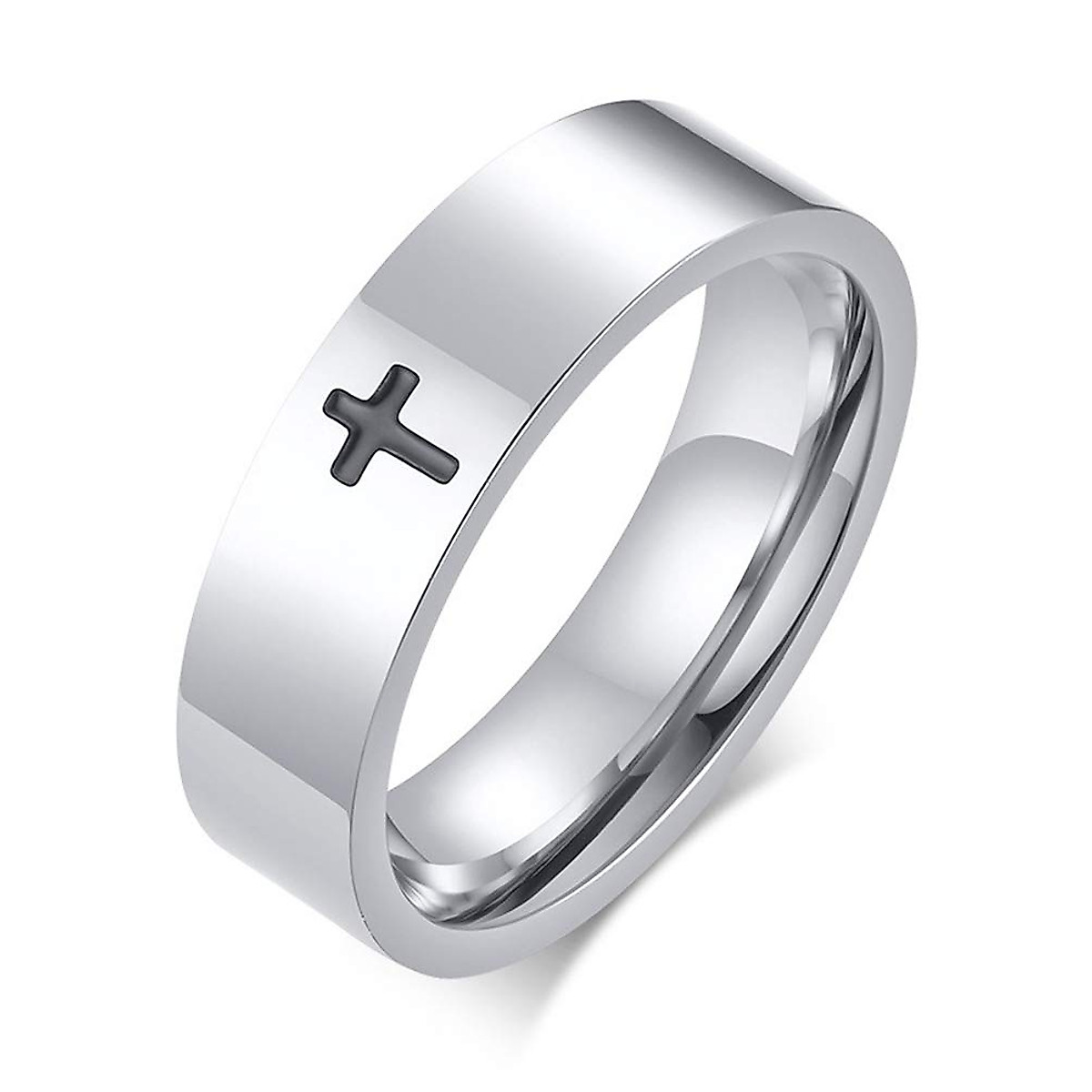 MZZJ Free Personalized Engraved Religious Jewelry Christian Cross Stamped Faith Bible Verse Scripture Minimalist High Polish 6MM Stainless Steel Inspirational Prayer Ring for Men Women,Size 5