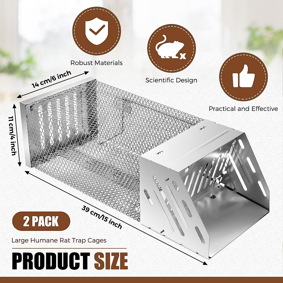 Qualirey 2 Pack Large Humane Rat Trap 15 Inches Combined Automatic Continuous Rat Trap Cage Reusable Rat Traps Indoor for Home Rat Traps Catch and Release Outdoor Mouse Single Door Metal Rat Trap