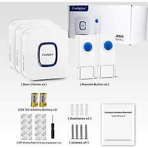 Wireless Doorbell, Coolqiya Door Bell Chimes Kit with 3 Plugin Receivers and 2 Remote Waterproof Push Buttons, Operating Range Up to 1000 Feet, 58 Melodies and 5 Volume Levels, LED Flash, White