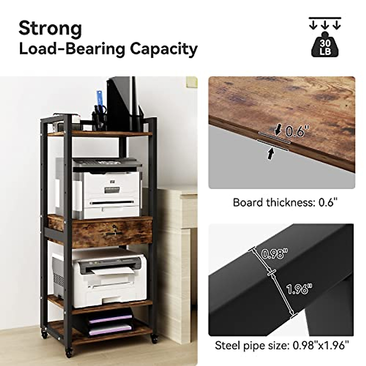 Natwind 4-Tiers Home Office Printer Stand Rack with Drawer Mobile Double Printer Cart with Adjustable Shelves Large Storage Rack on Wheels for Home Office Study Kitchen (Retro)