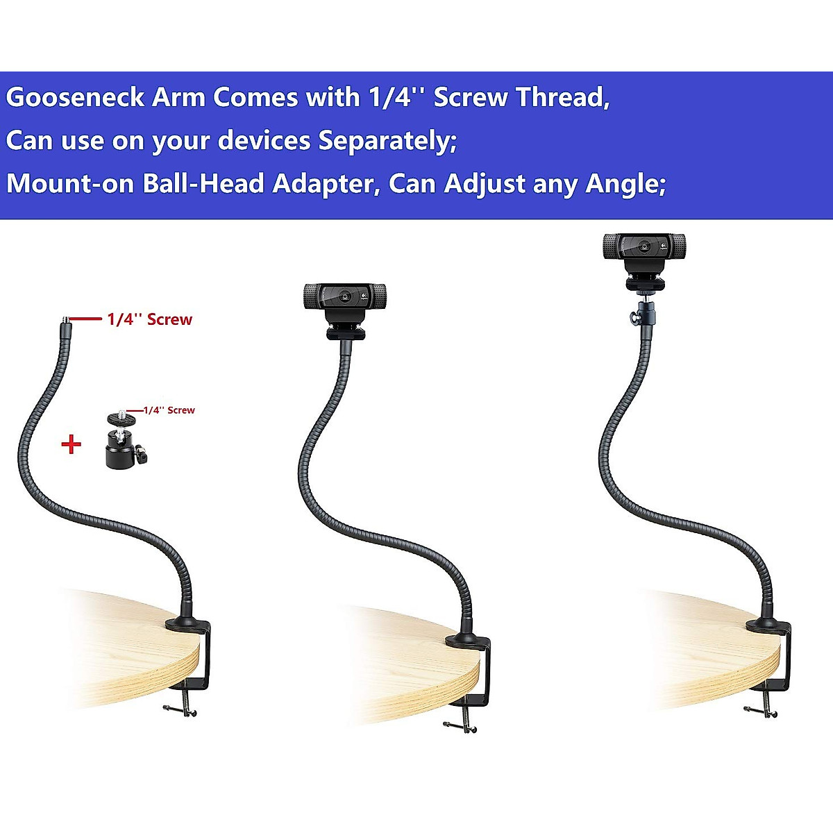 AceTaken Webcam Mount - Flexible Gooseneck Arm Clamp Stand Tripod for Logitech Webcam C920s C920 C930e C922x C930 C922 C925e C615 Brio - 25 inches