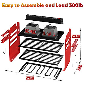 POKIPO Power Tool Organizer Wall Mount with Charging Station,Tool Storage Rack with 8 Outlet Power Strip,Heavy Duty Metal Battery Utility Rack with 4 Cordless Drill Holder 6.56 Ft Cord for Garage