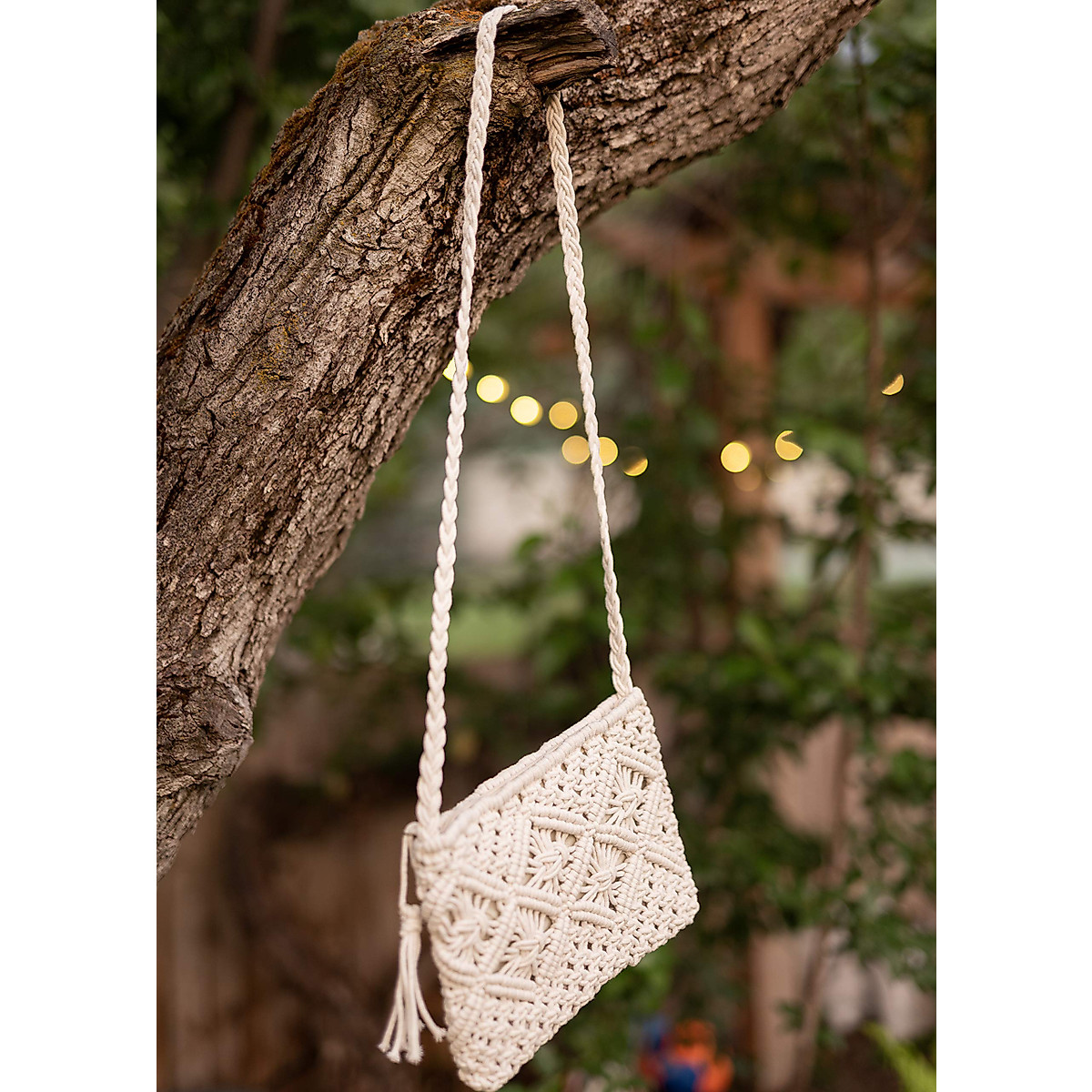 Cotton Macrame Purse Bag | Hand-Woven Knitted Crossbody Shoulder Strap Zipper | Cute Fringe Boho Coin (White)