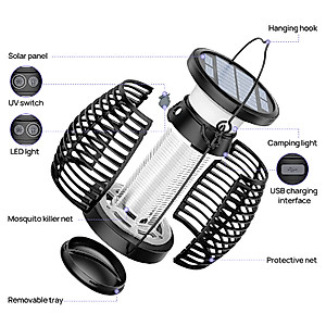 Solar Bug Zapper Outdoor Waterproof, Meilen Mosquito Zapper, Rechargeable Cordless Gnats Mosquitoes Flies Moths Killer for Camping Backyard Kitchen Home Garden (Solar Power)