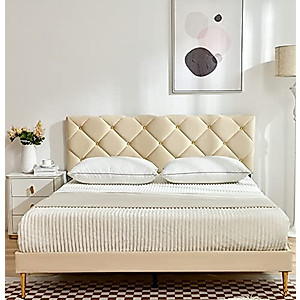 AsKmore Queen Size Bed Frame,Velvet Upholstered Platform with Headboard and Strong Wooden Slats,Non-Slip and Noise-Free,No Box Spring Needed, Easy Assembly,Beige
