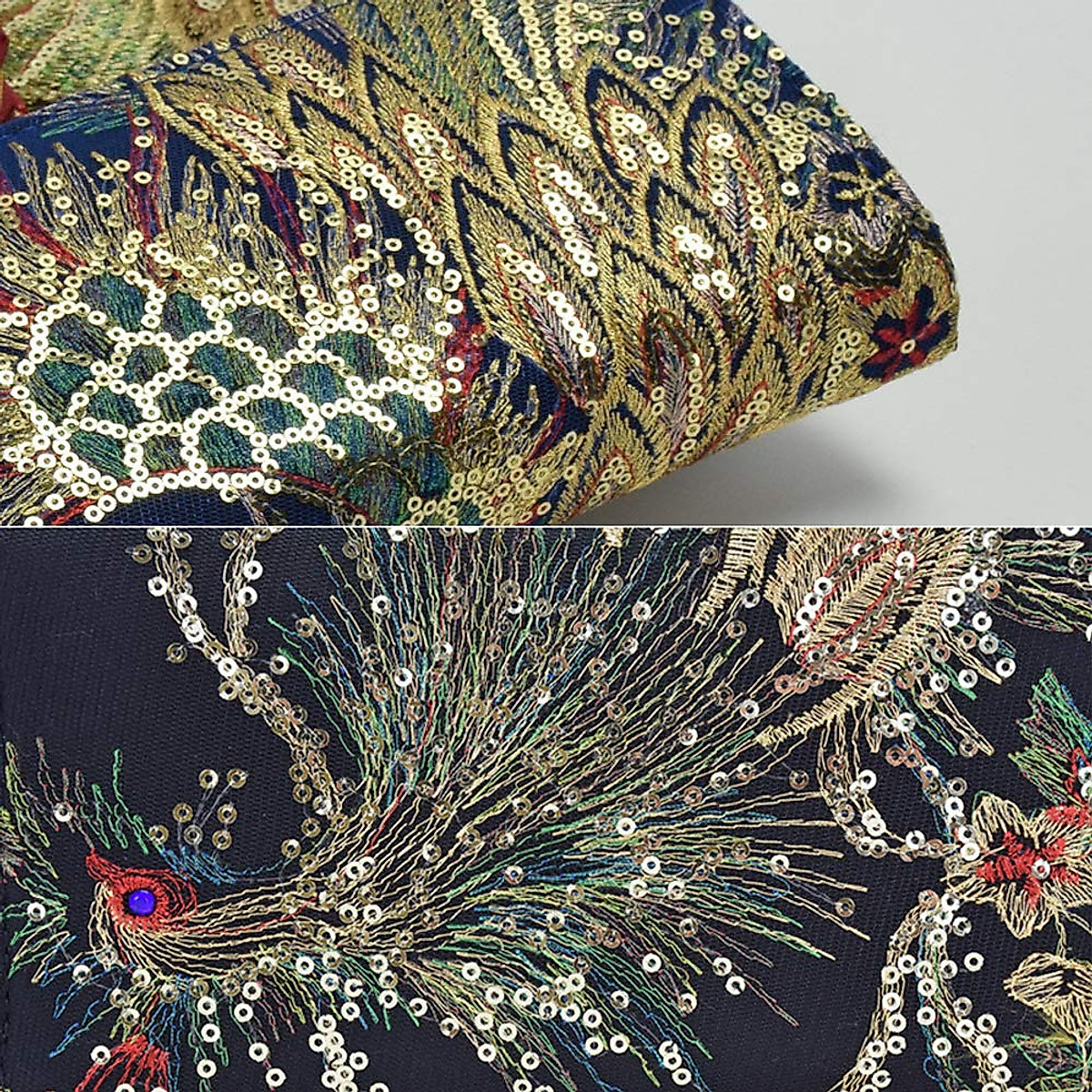 Ethnic Minority Style Double-Sided Embroidered Wallet, Special Peacock Embroidery, Long Zipper, Hand Wallet Mobile Phone Bag (Black)