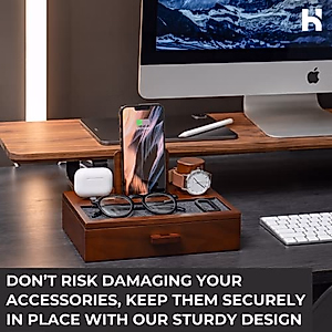 Nightstand Organizer For Men - Wood Phone Docking Station to Charge Your Phone & Earbuds - Wood Charging Station with Lined Tray & Drawer - Mens Docking Station - Gifts for Dad Birthday Gifts for Men