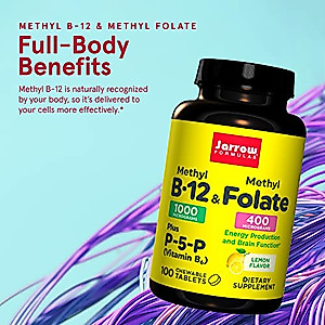 Jarrow Formulas Extra Strength Methyl B-12 & Methyl Folate - 100 Chewable Tablets, Lemon Flavored - Bioactive Vitamin B12 & B9 - Cellular Energy and Cardiovascular Support (Packaging May Vary)
