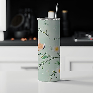 Tumbler with Lid and Straw Cartoon Bird on Branch thermos coffee travel mugcute cups 20 oz insulated tumbler for Daily Holiday Decor Gift coffee cup