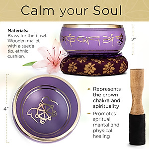 Purple Singing Bowl Set with Wooden Mallet and Cushion, Brass – Unique, Tibetan Bowls for Meditation, Grounding, Experiencing Spiritual Oneness - Lightweight Bowl - Decor for Home, Yoga Studio