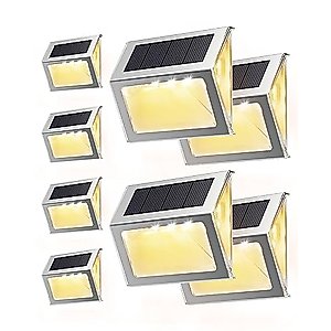 JACKYLED Solar Outdoor Deck Step Lights 8-Pack, 3-Side 270°Lighting 7 LED, Upgraded Solar Stair Lights IP65 Waterproof Solar Fence Lighting for Post, Dock, Patio, Backyard, Garden (Warm Yellow)